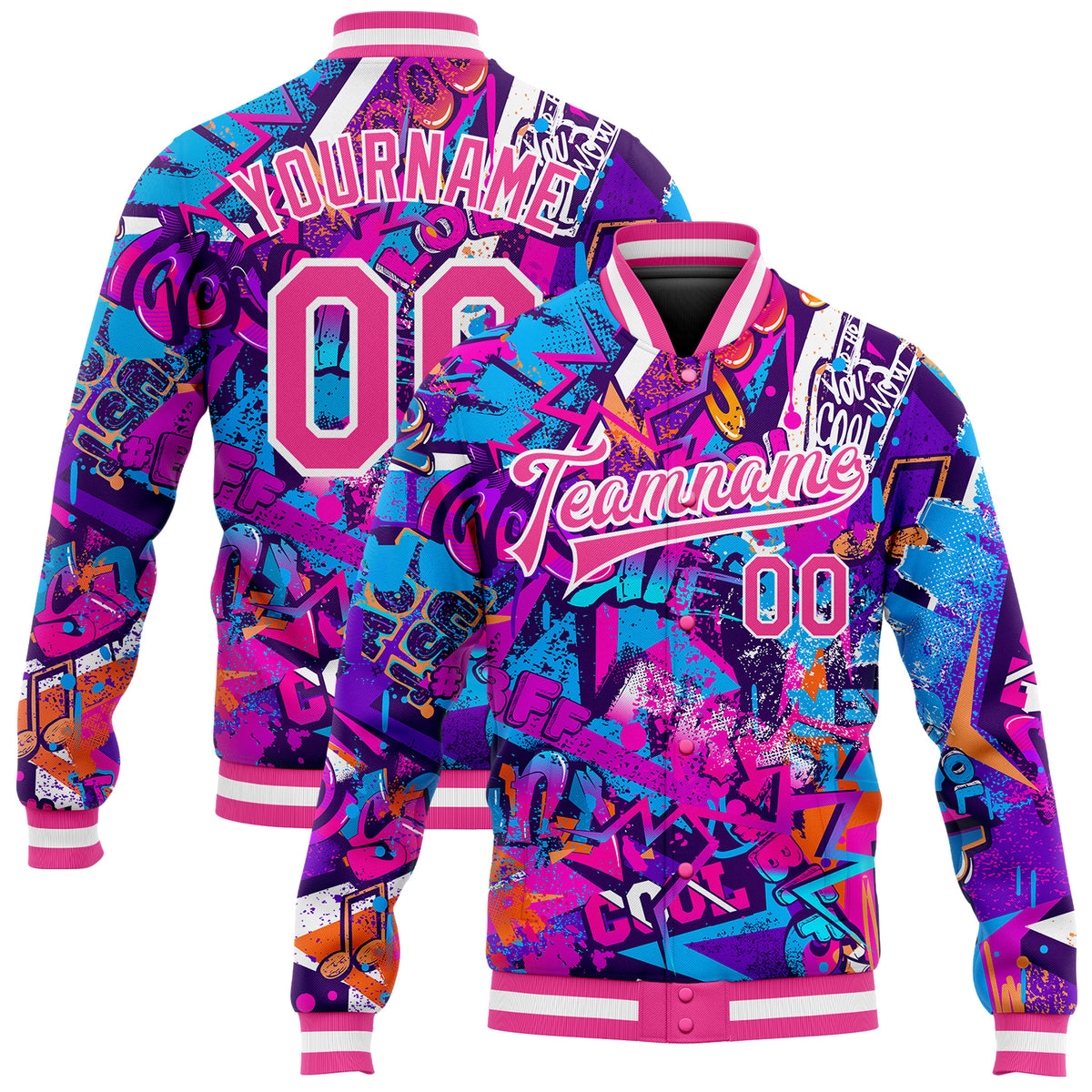 Custom Graffiti Pattern Pink-White Words 3D Bomber Full-Snap Varsity ...