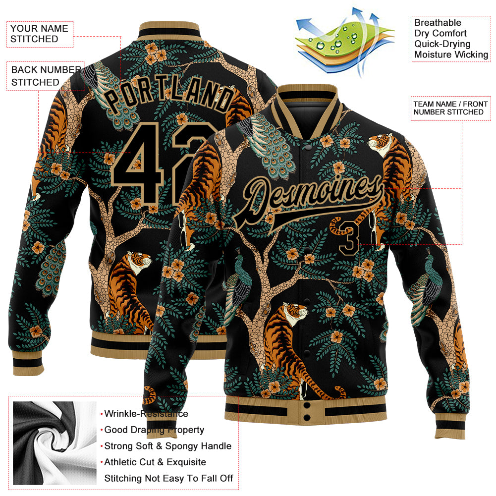 Custom Black Black-Old Gold Tiger And Peacock 3D Pattern Design Bomber ...