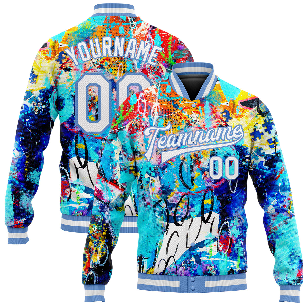 Custom Graffiti Pattern White-Light Blue Abstract 3D Bomber Full-Snap ...
