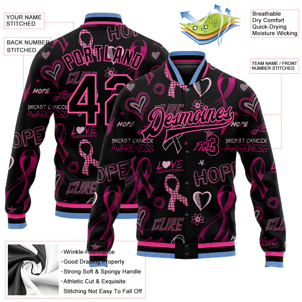 Custom Black Black Pink-Light Blue Pink Ribbon Breast Cancer Awareness ...