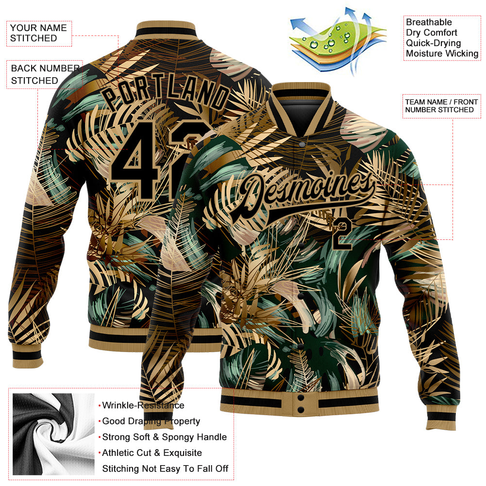 Custom Black Black-Old Gold Hawaii Palm Trees 3D Pattern Design Bomber ...