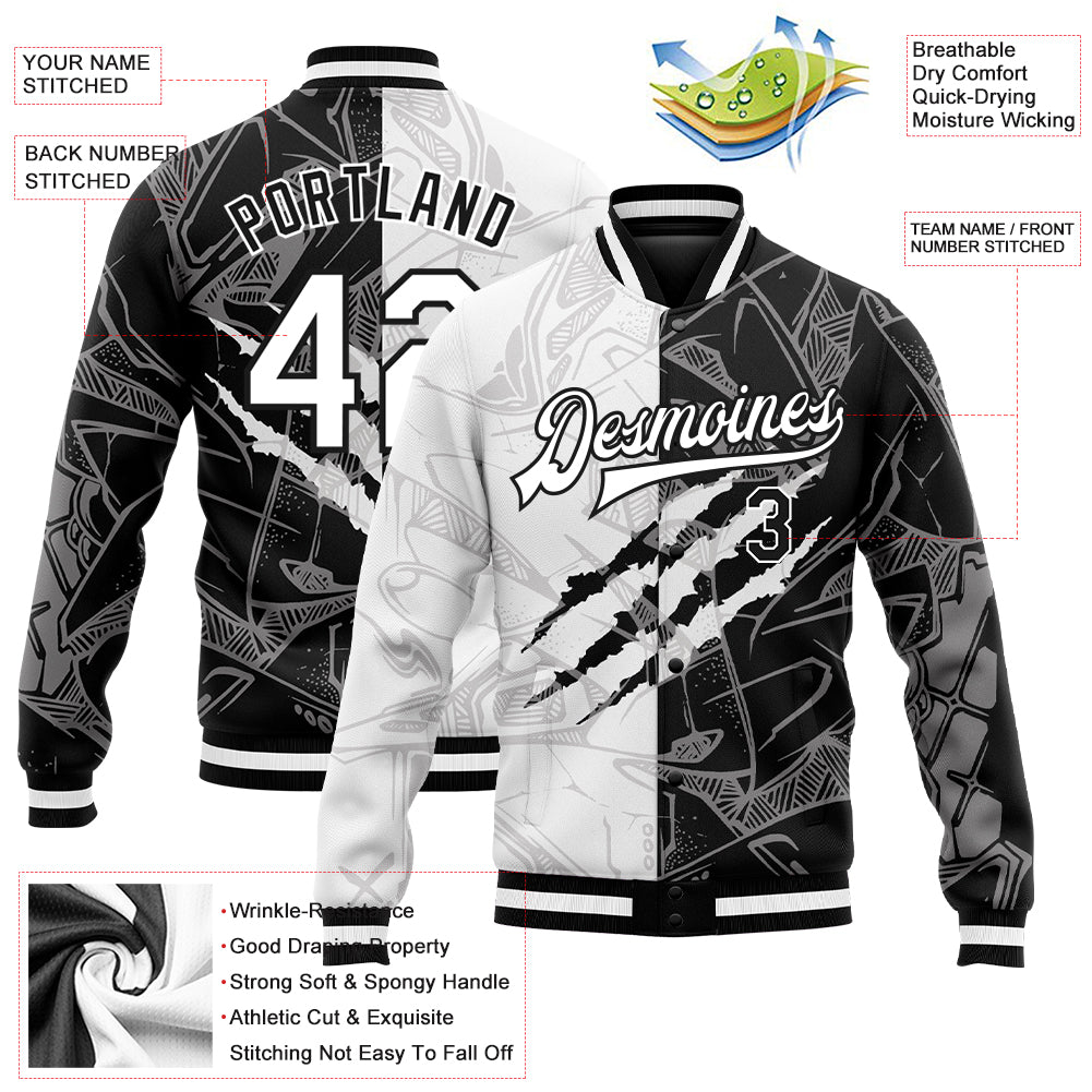 Custom Graffiti Pattern White-Black Scratch 3D Bomber Full-Snap Varsity ...