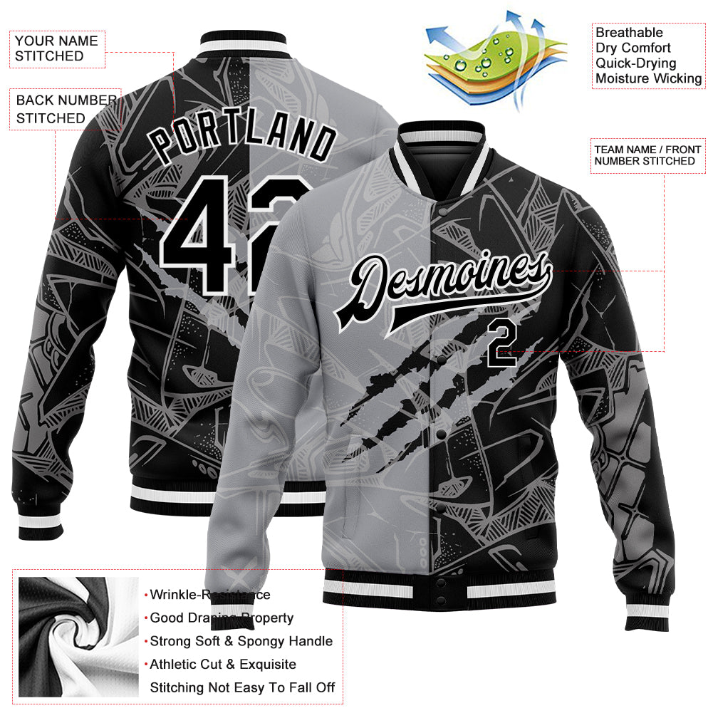 Custom Graffiti Pattern Black-Gray Scratch 3D Bomber Full-Snap Varsity ...