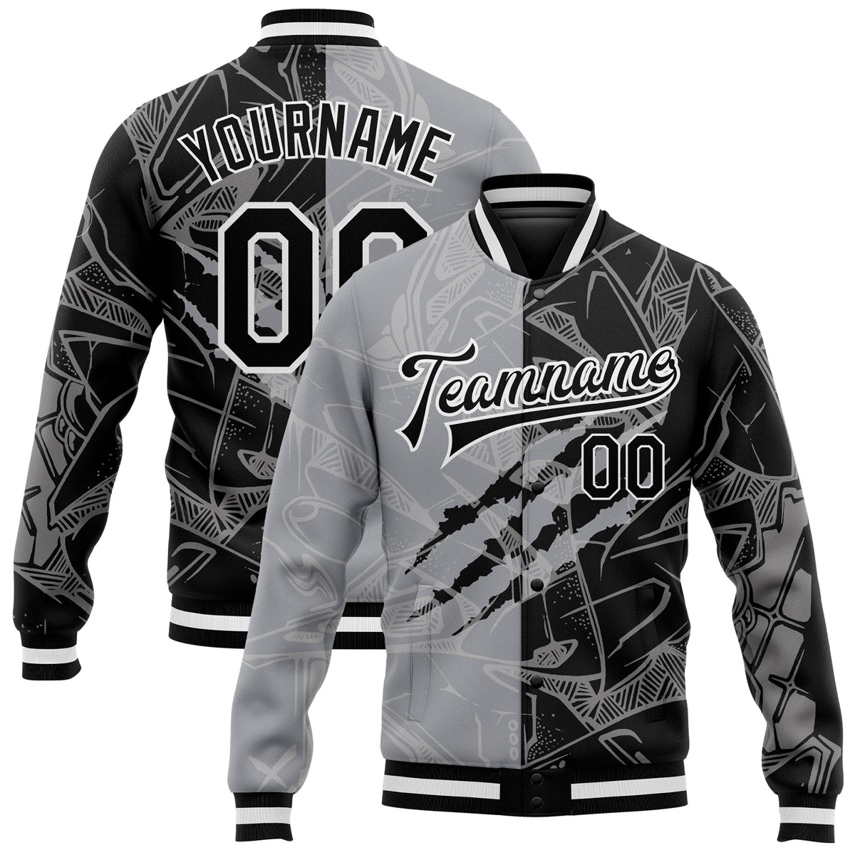 Custom Graffiti Pattern Black-Gray Scratch 3D Bomber Full-Snap Varsity ...