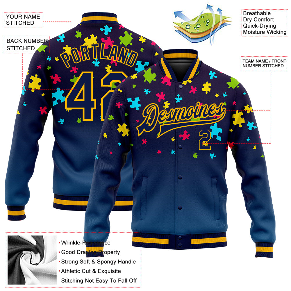 Custom Autism Awareness Puzzle Pieces Navy-Gold 3D Bomber Full-Snap ...