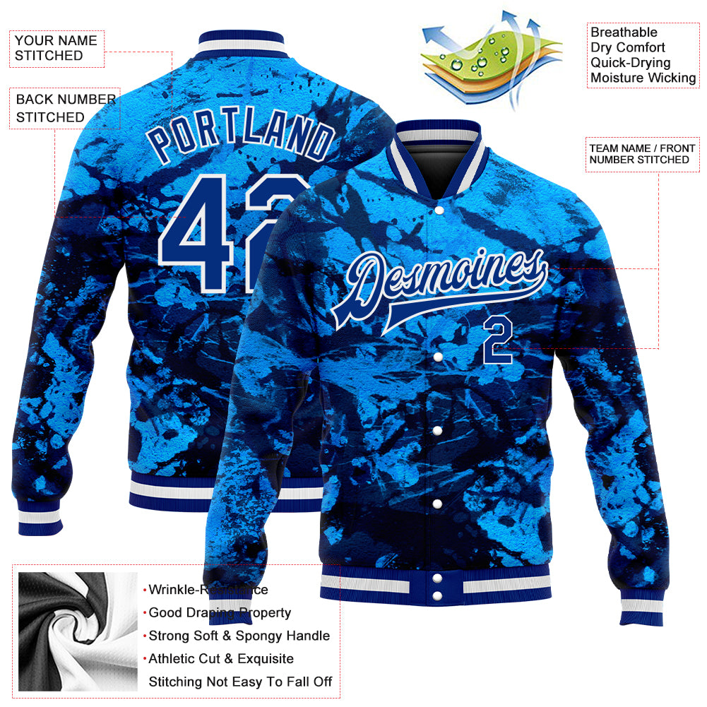 Custom Tie Dye Royal-White Rainbow 3D Bomber Full-Snap Varsity ...