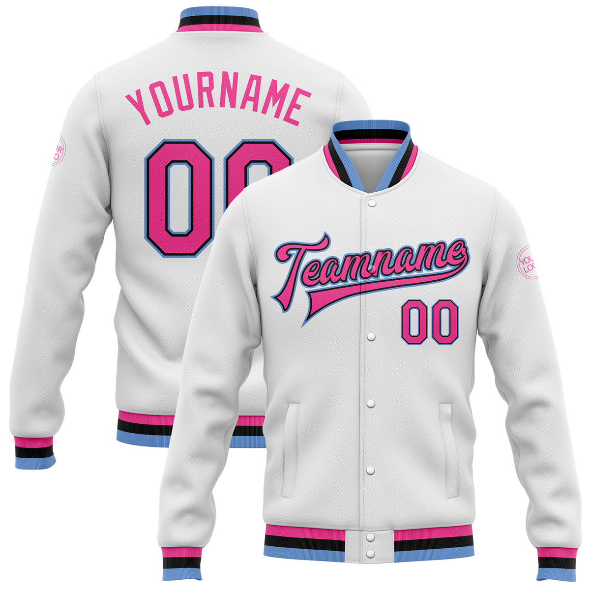 Custom White Pink Black-Light Blue Bomber Full-Snap Varsity Letterman ...