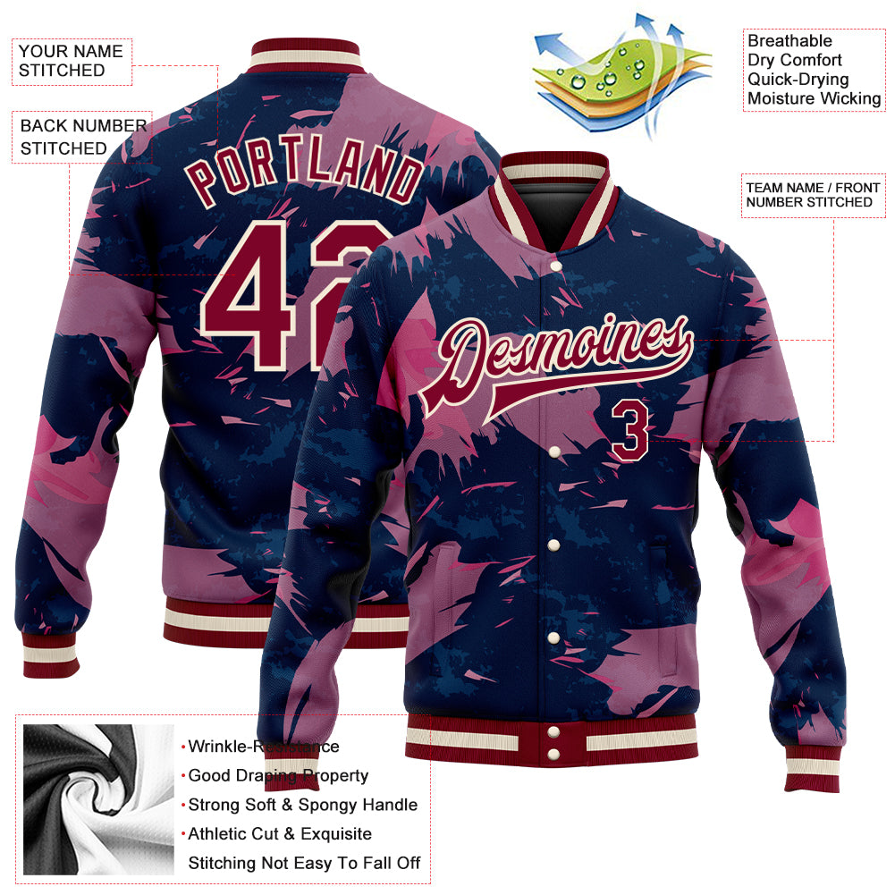 Custom Pink Maroon Cream-Navy 3D Pattern Design Bomber Full-Snap ...