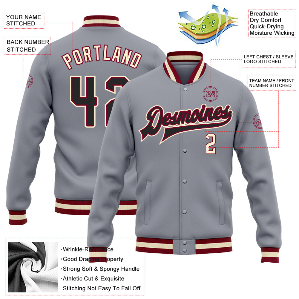 Custom Gray Black Maroon-Cream Bomber Full-Snap Varsity Letterman ...