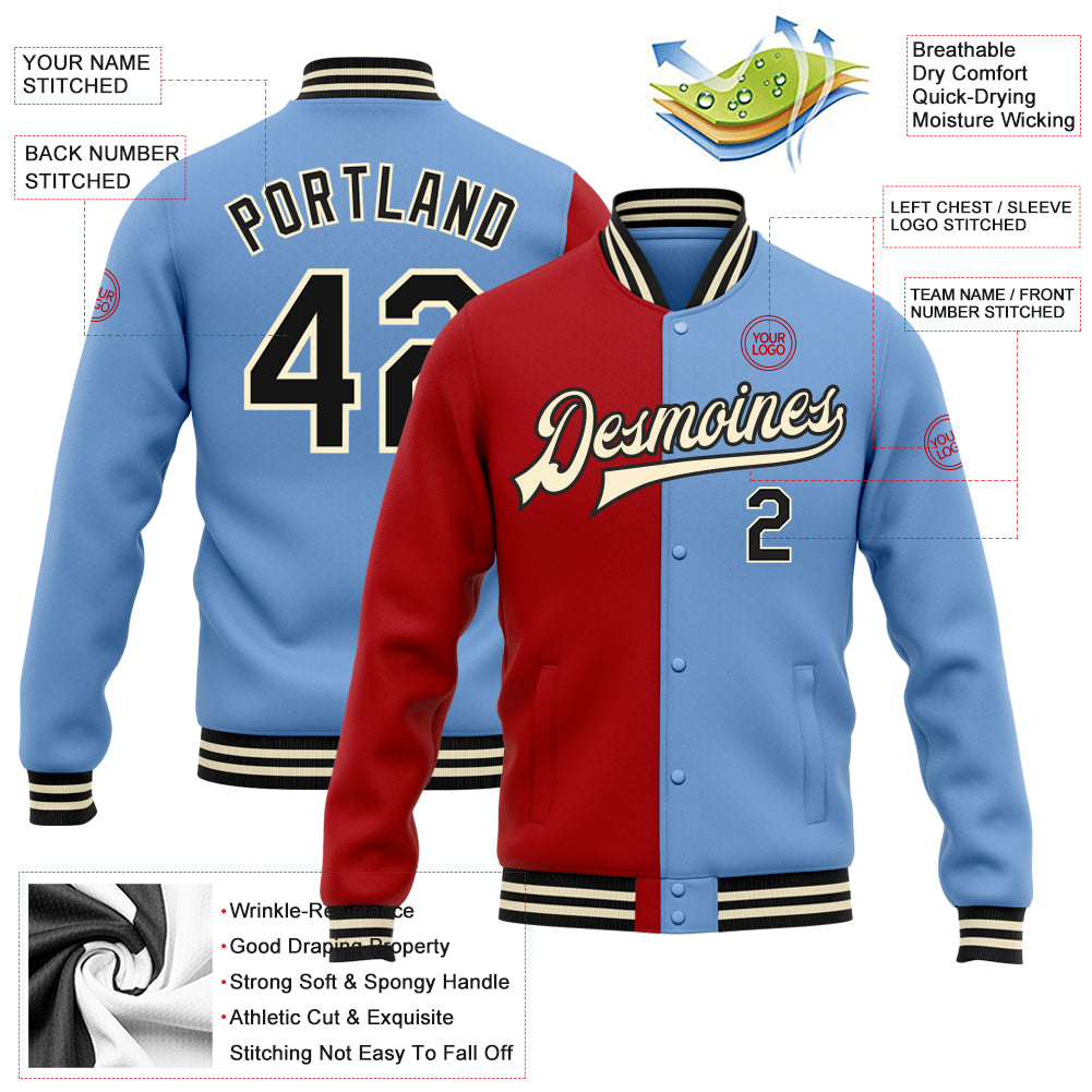 Custom Light Blue Black Red-Cream Bomber Full-Snap Varsity Letterman ...