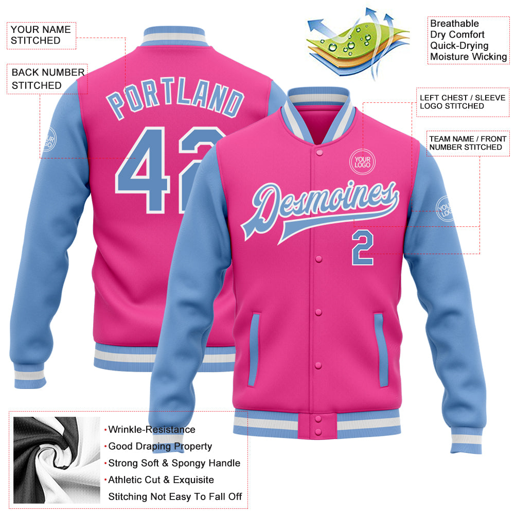 Custom Pink Light Blue-White Bomber Full-Snap Varsity Letterman Two ...