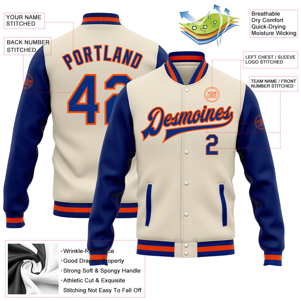Custom Cream Royal-Orange Bomber Full-Snap Varsity Letterman Two Tone ...