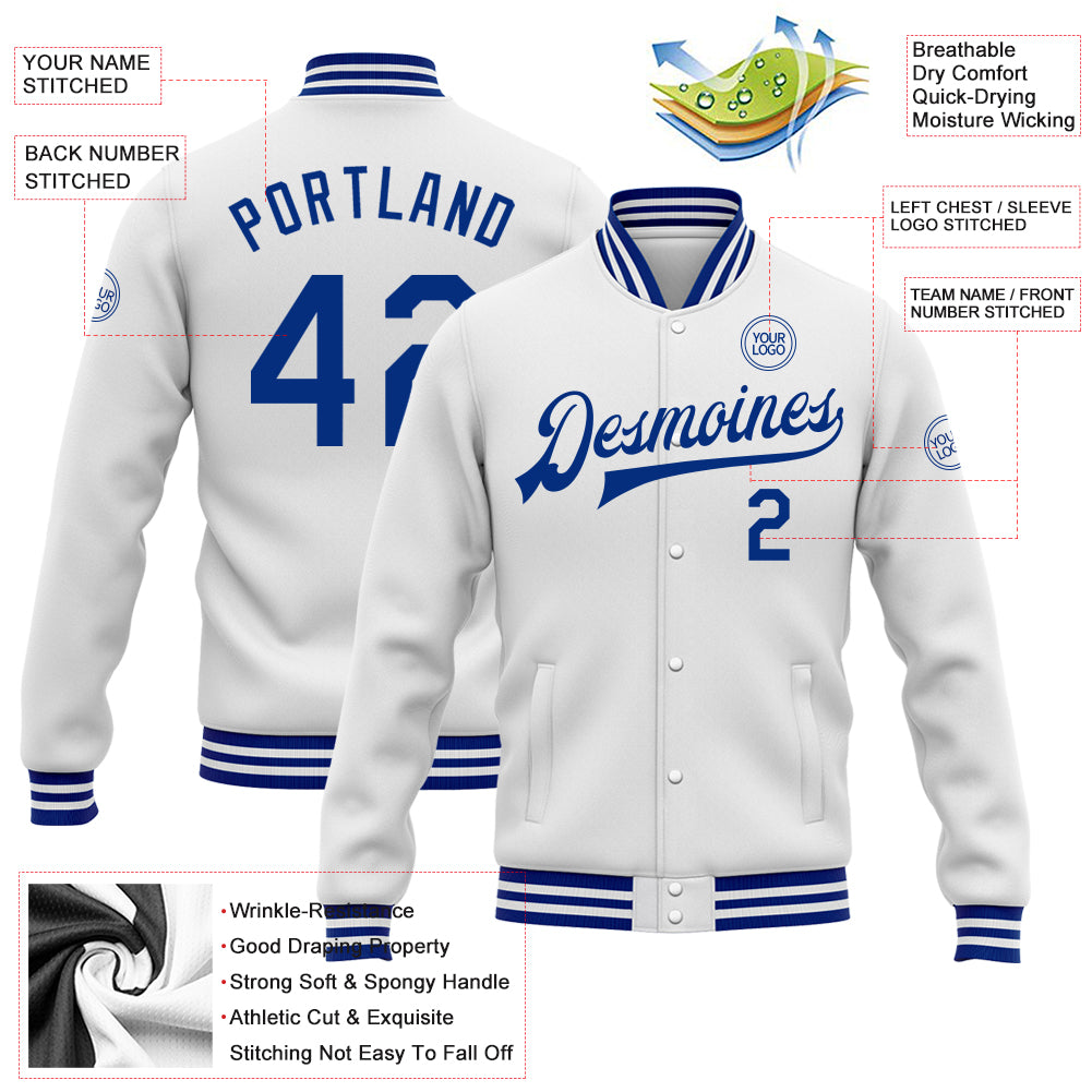 Custom White Royal Bomber Full-Snap Varsity Letterman Jacket – Fiitg