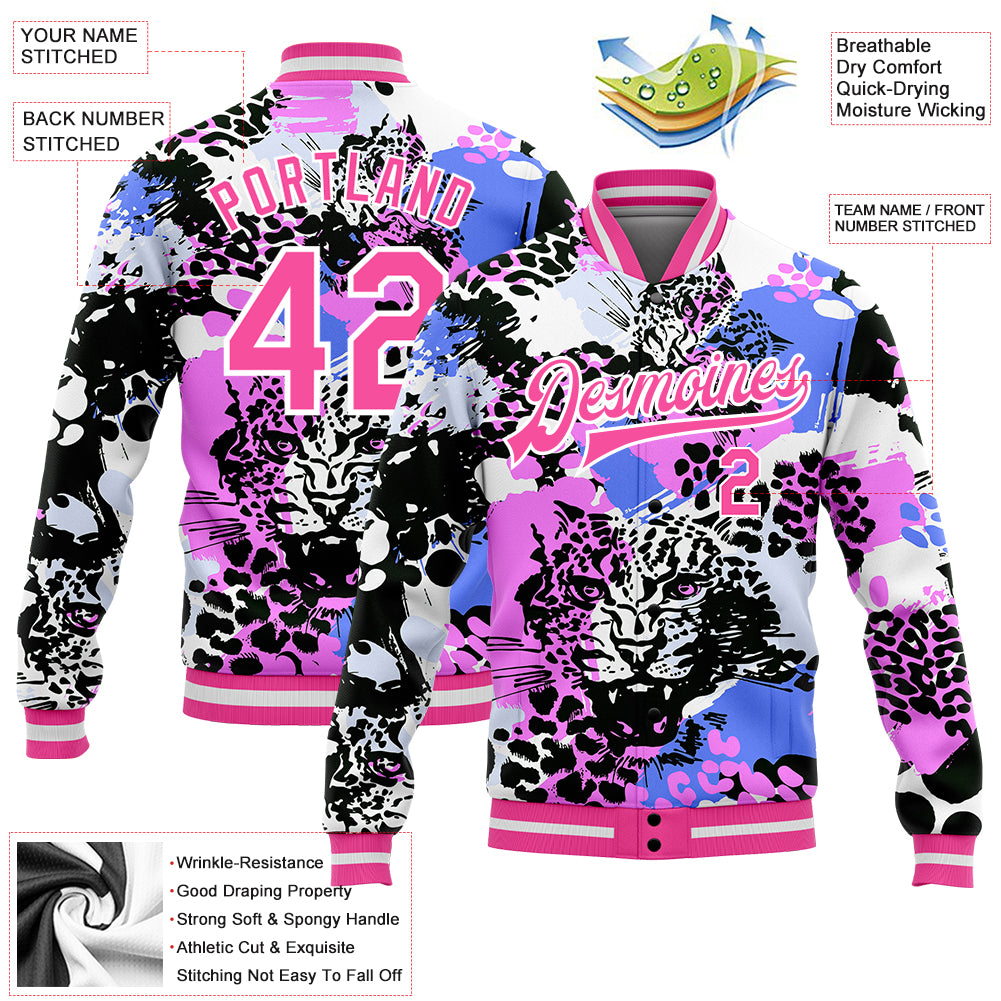 Custom Black Pink-White Leopard 3D Pattern Design Bomber Full-Snap ...