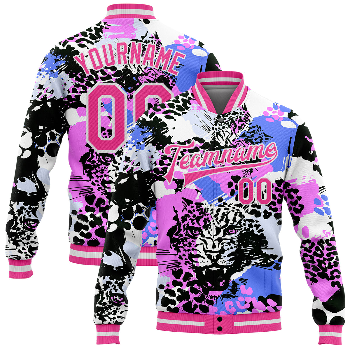 Custom Black Pink-White Leopard 3D Pattern Design Bomber Full-Snap ...