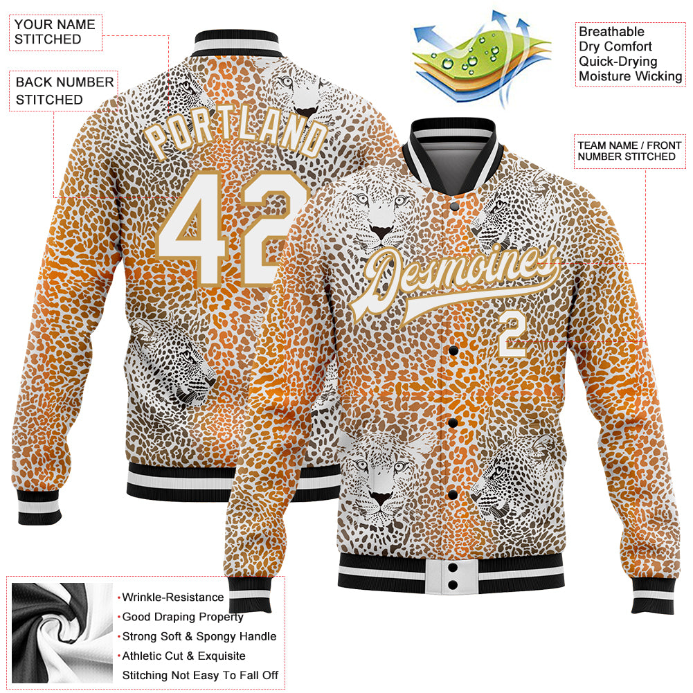 Custom Old Gold White-Black Leopard 3D Pattern Design Bomber Full-Snap ...