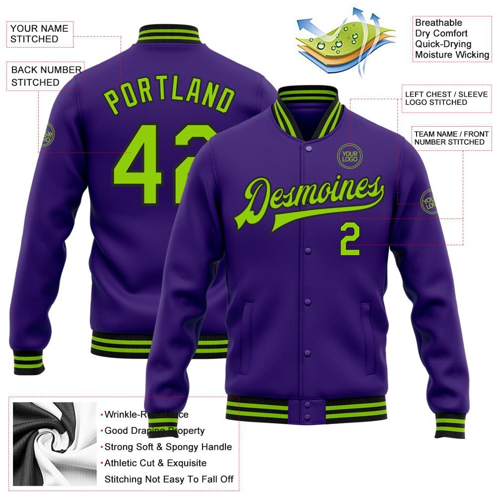 Custom Purple Neon Green-Black Bomber Full-Snap Varsity Letterman ...
