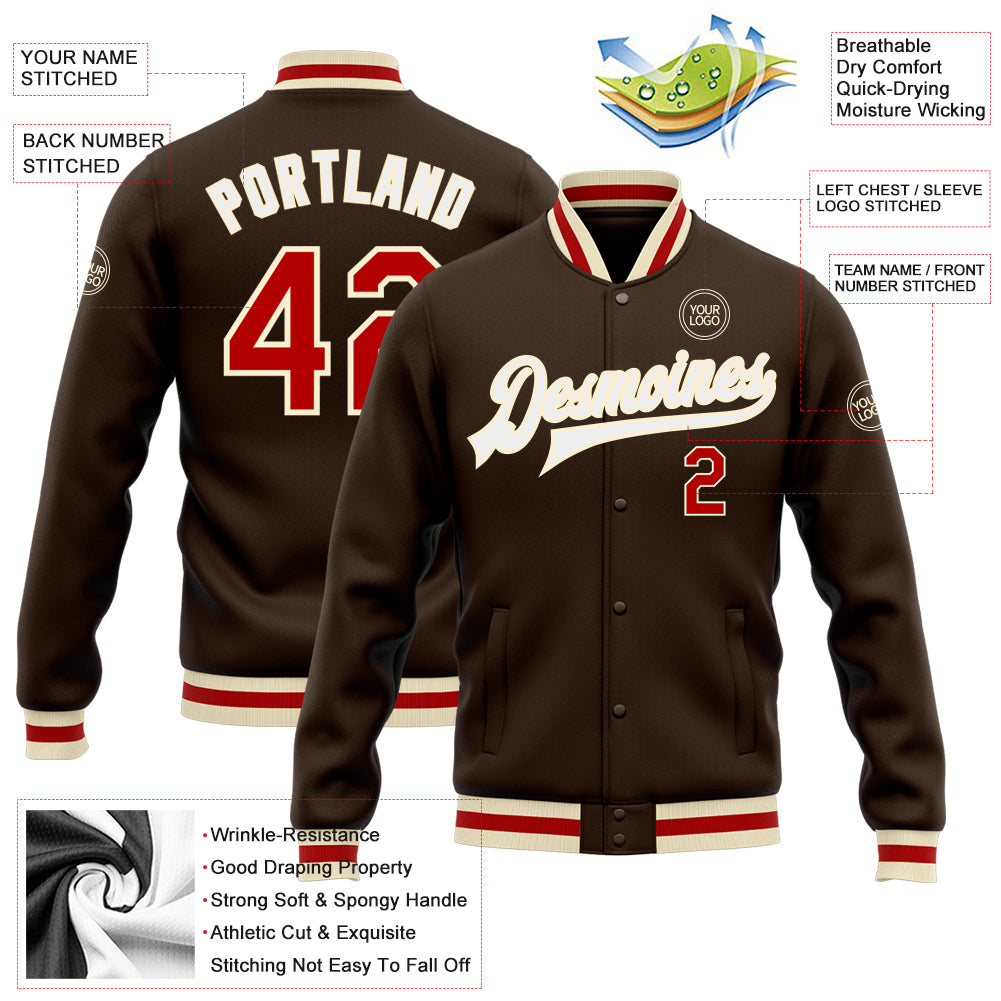 Custom Brown Red-Cream Bomber Full-Snap Varsity Letterman Jacket Free ...