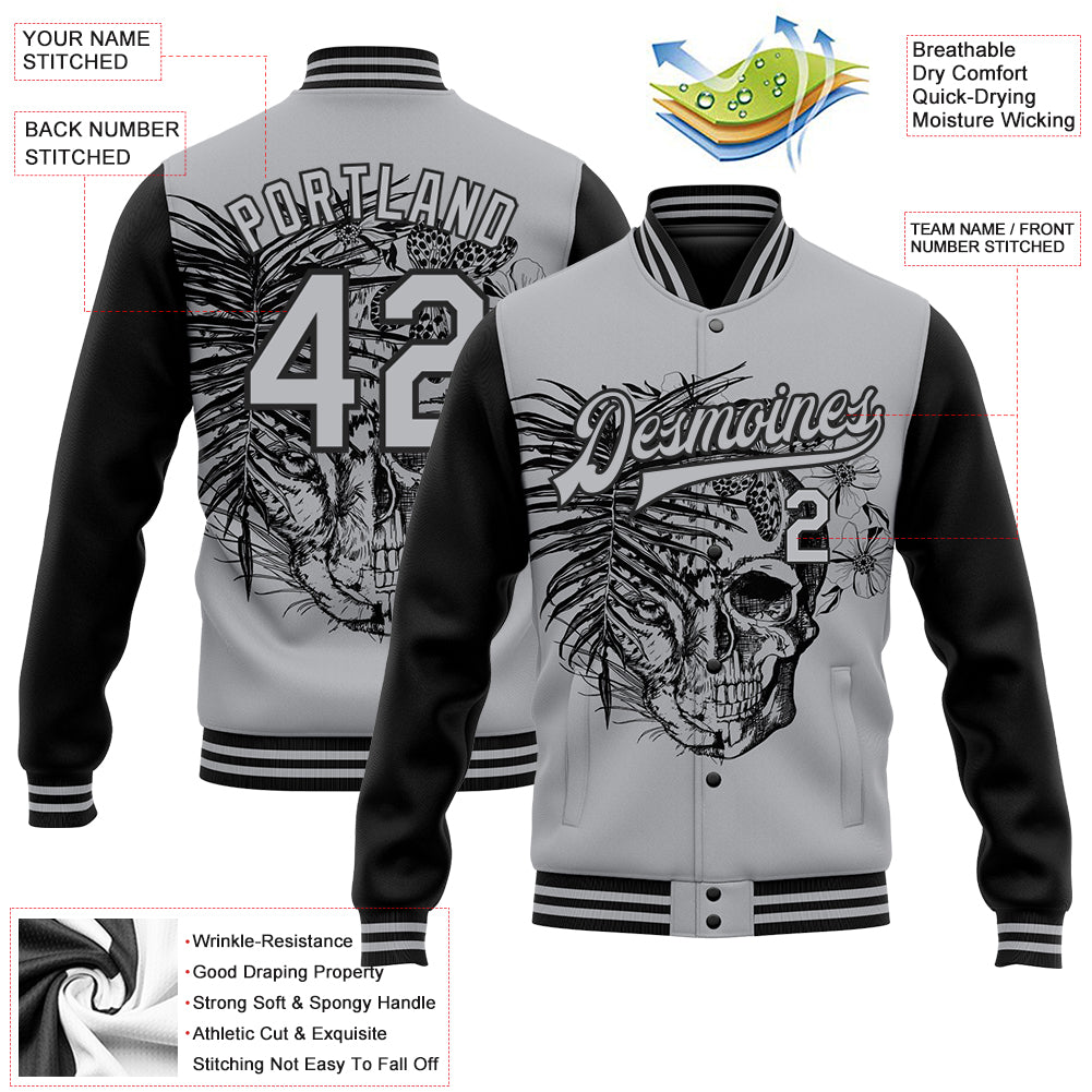 Custom Gray Black Tropical Plant Leopard Skull Fashion 3D Bomber Full ...