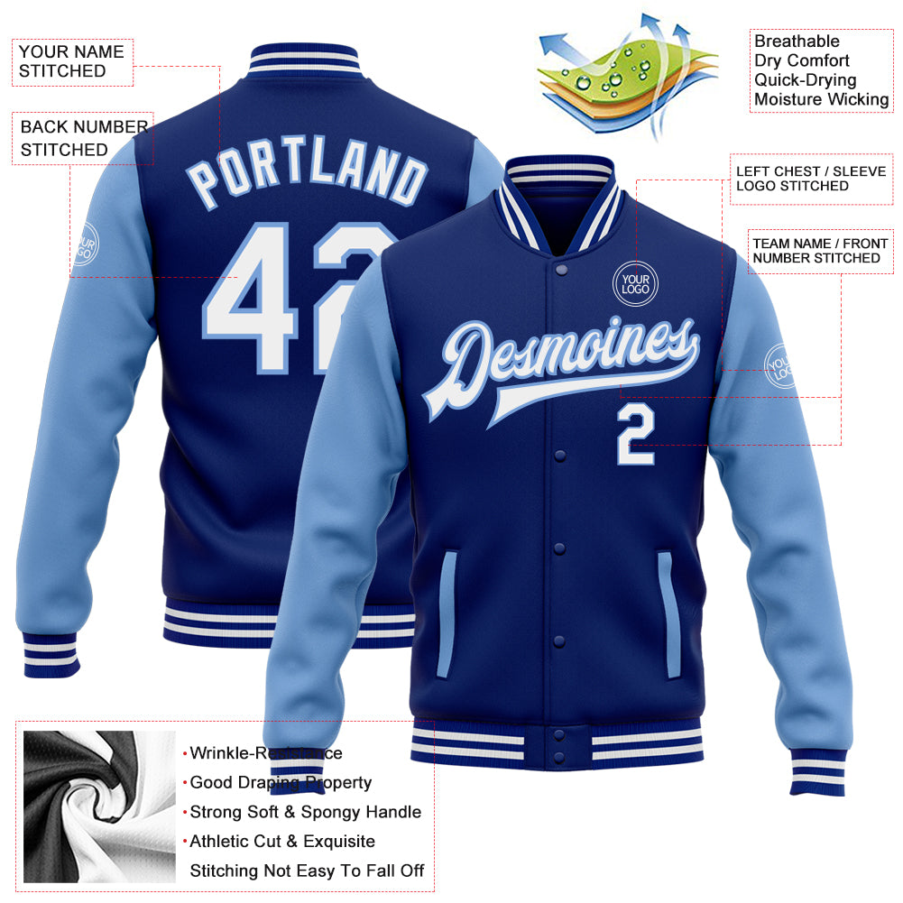 Custom Royal White-Light Blue Bomber Full-Snap Varsity Letterman Two ...
