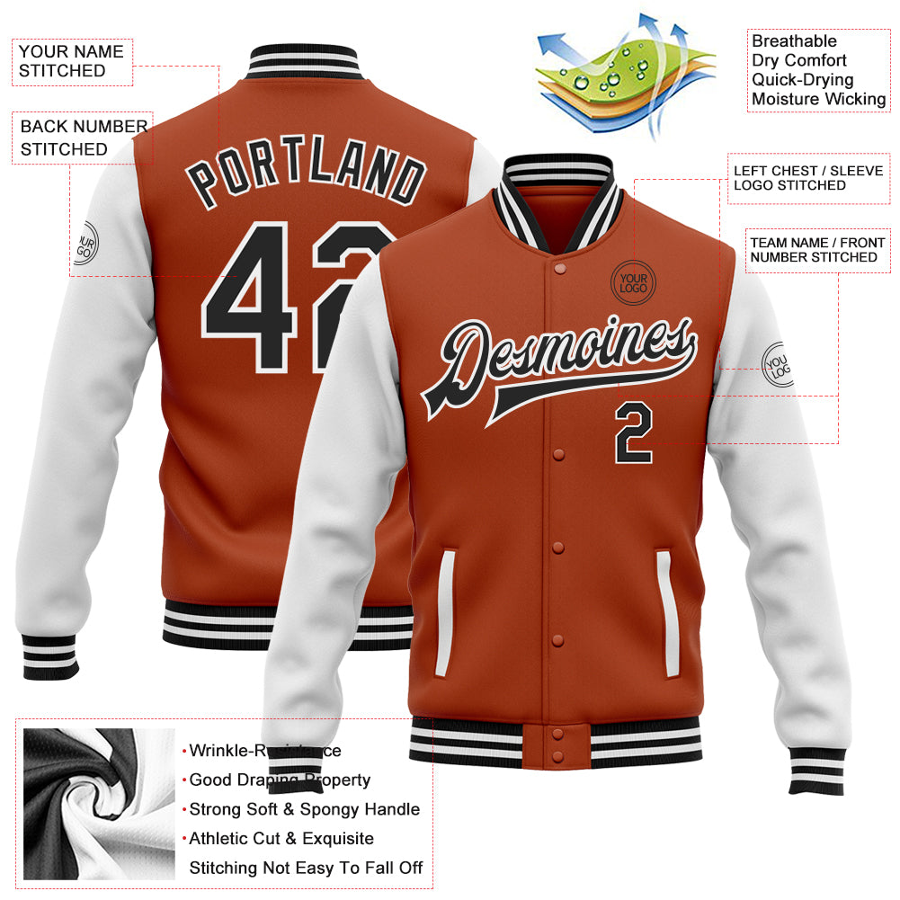 Custom Texas Orange Black-White Bomber Full-Snap Varsity Letterman Two ...