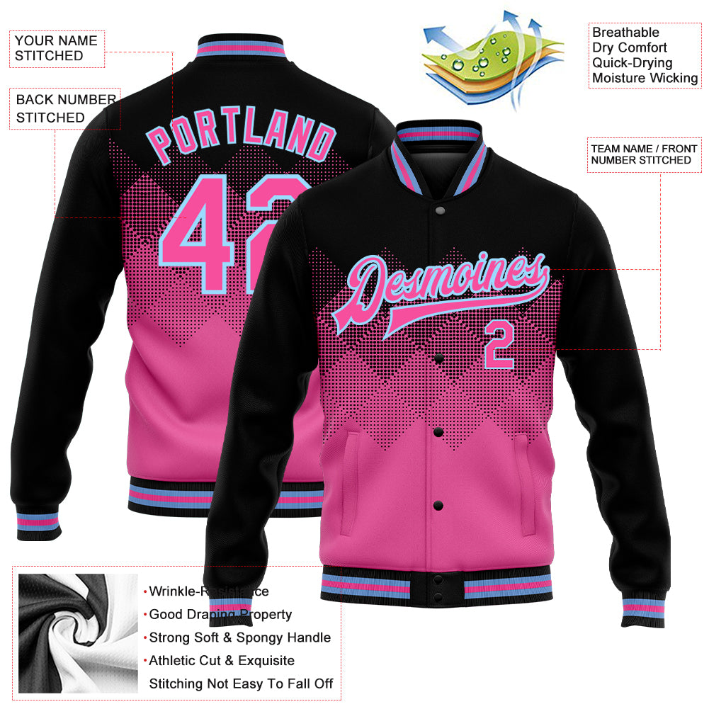 Custom Pink Light Blue-Black 3D Pattern Design Bomber Full-Snap Varsity ...