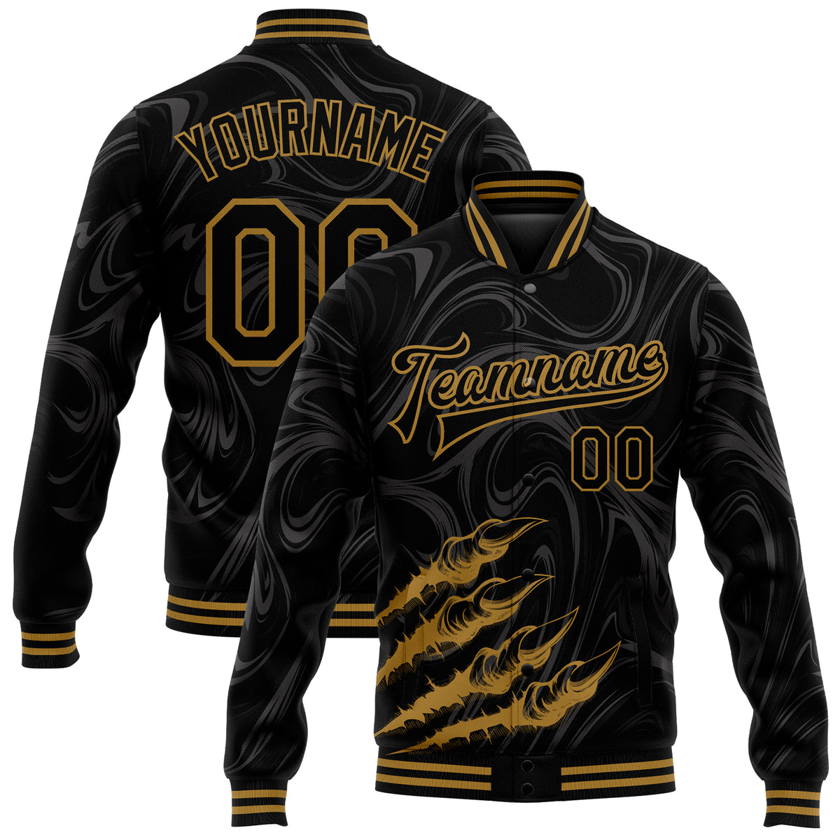 Custom Black Old Gold Beast Claws 3D Pattern Design Bomber Full-Snap ...