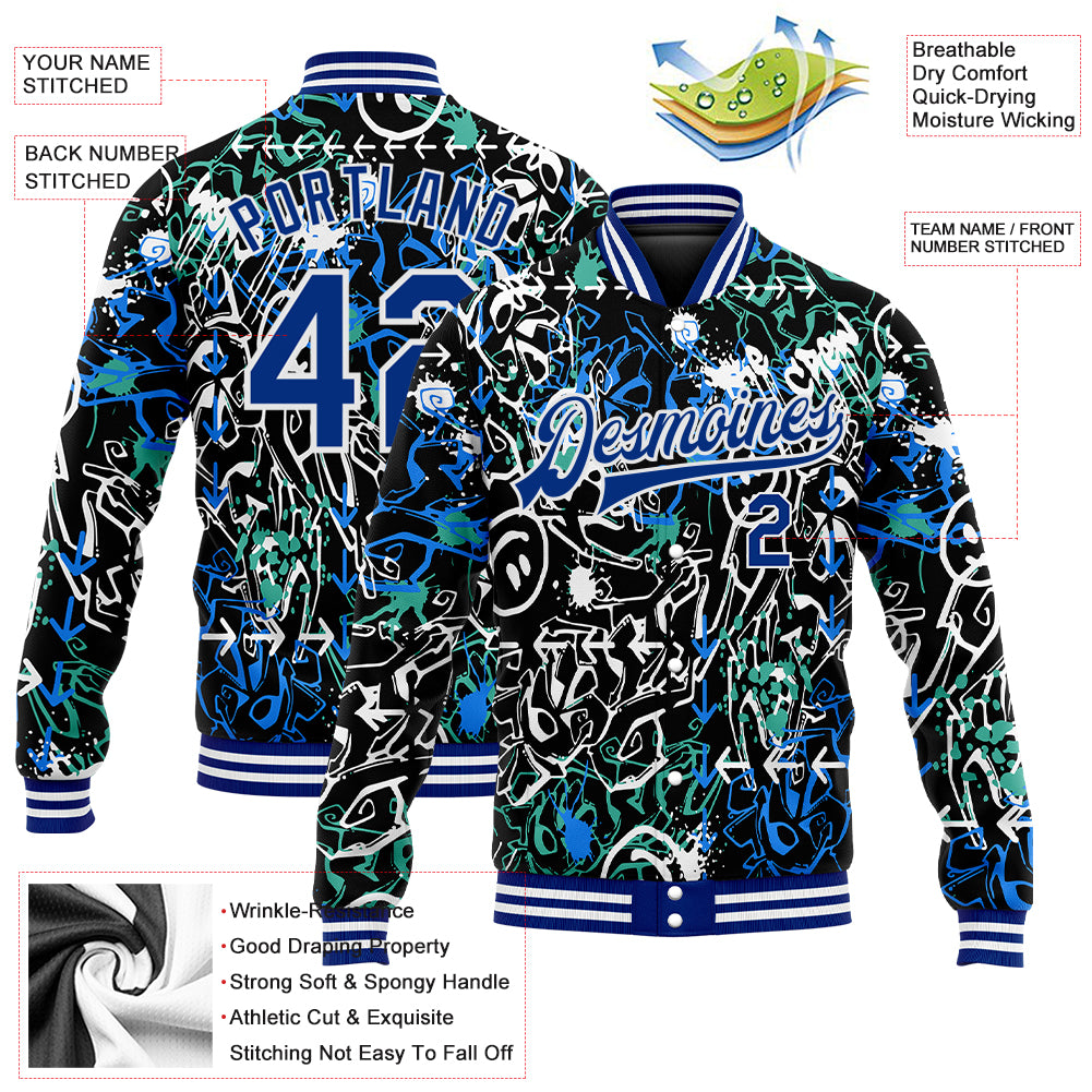 Custom Graffiti Pattern Royal-White Abstract Grunge Art 3D Bomber Full ...