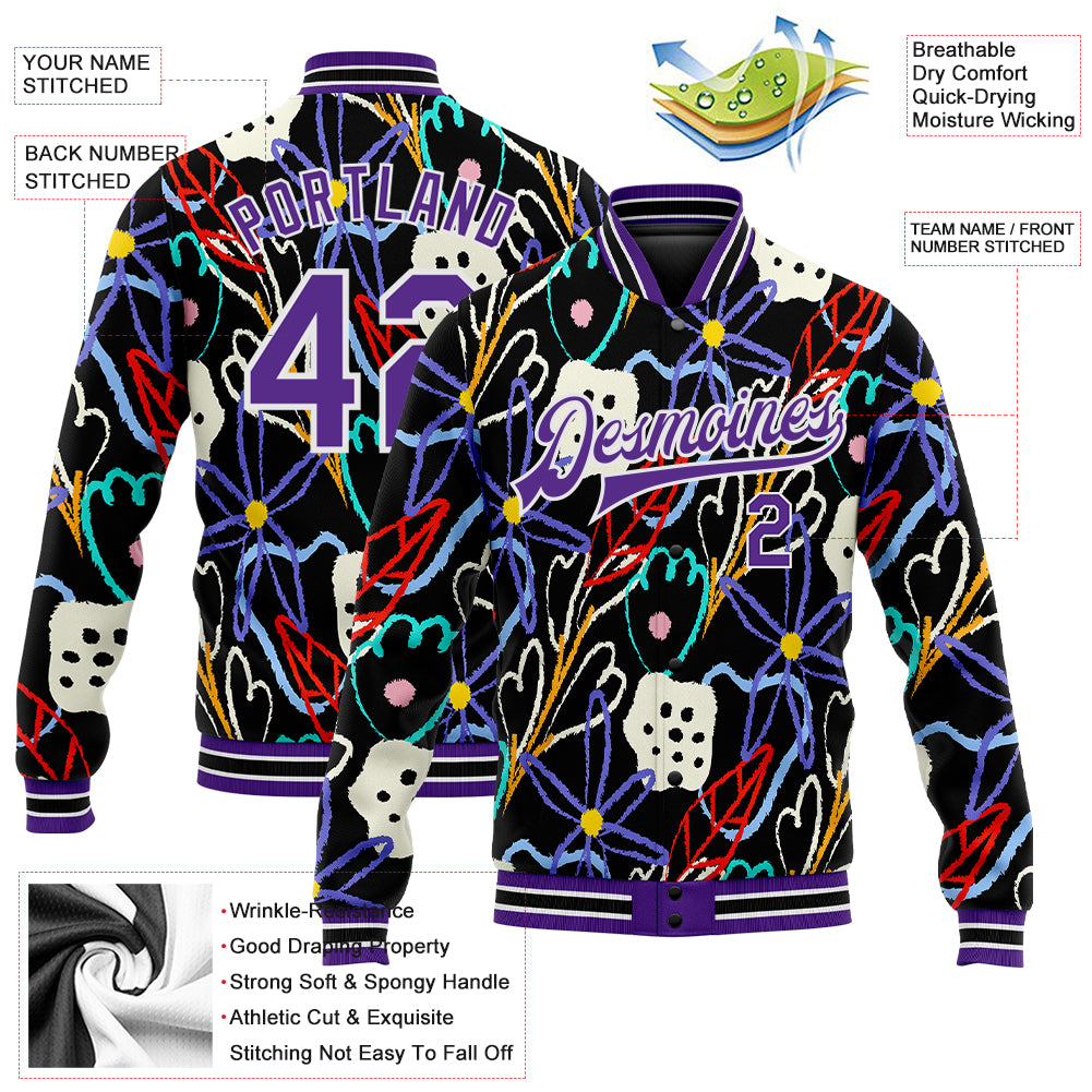 Custom Graffiti Pattern Purple-White Hand Painted Flowers 3D Bomber ...
