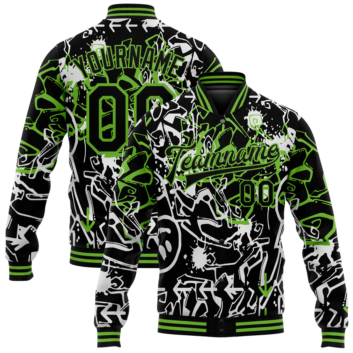 Custom Graffiti Pattern Black-Neon Green Abstract Grunge Art 3D Bomber ...