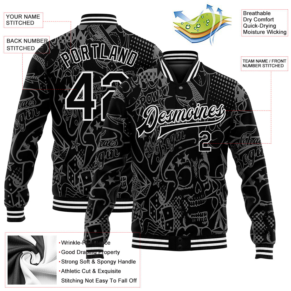 Custom Graffiti Pattern Black-White Skull Fashion 3D Bomber Full-Snap ...