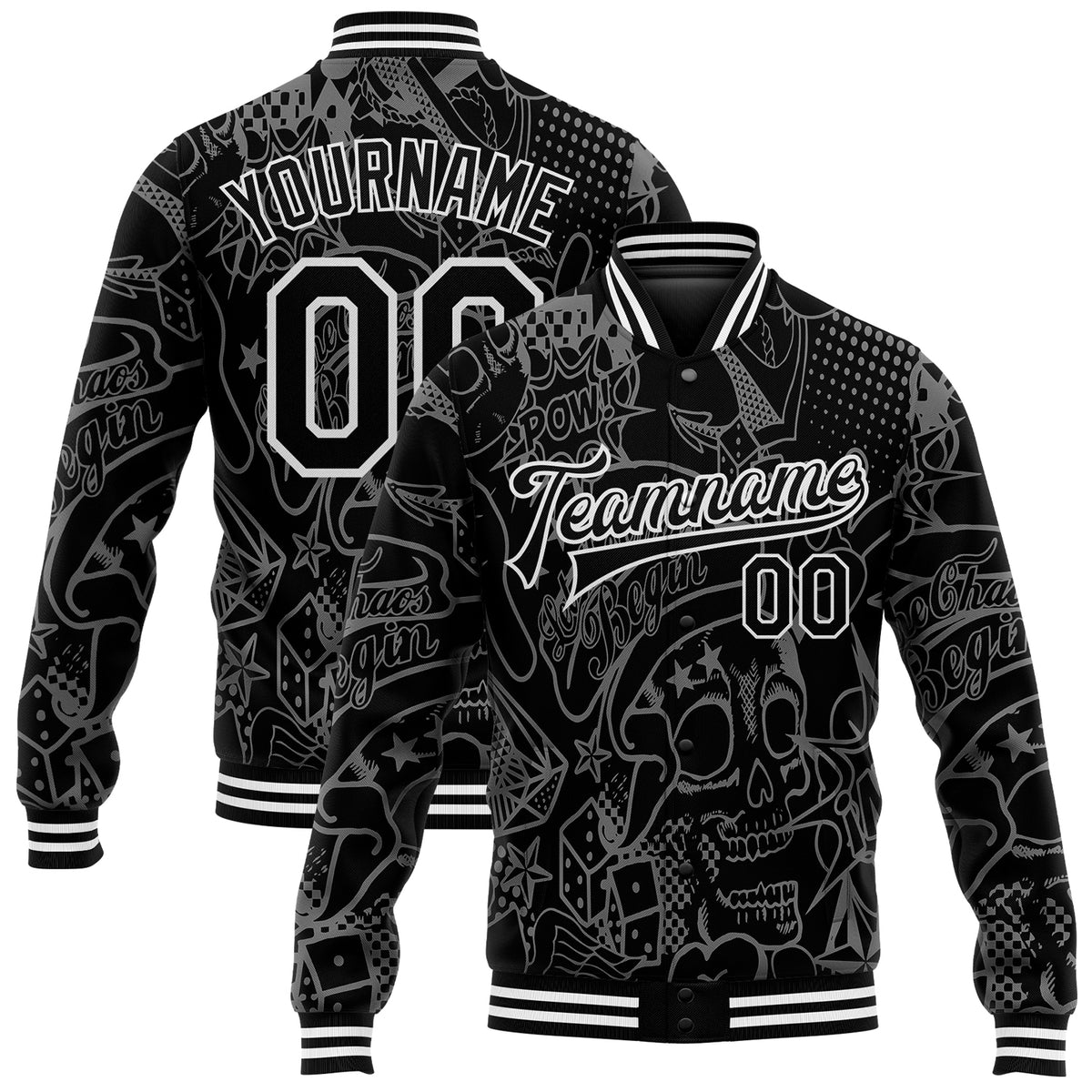 Custom Graffiti Pattern Black-White Skull Fashion 3D Bomber Full-Snap ...