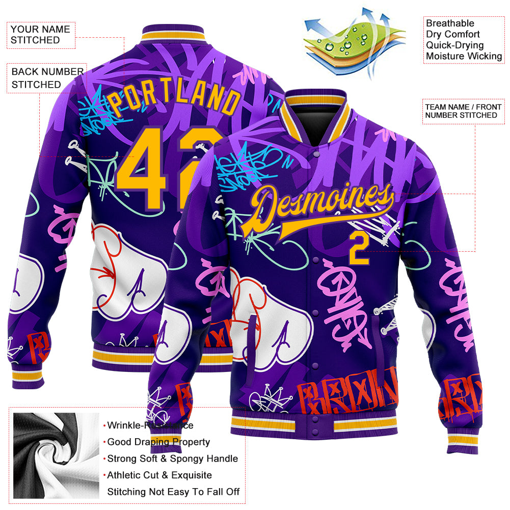 Custom Graffiti Pattern Gold-Purple Hiphop Urban Street Art 3D Bomber ...