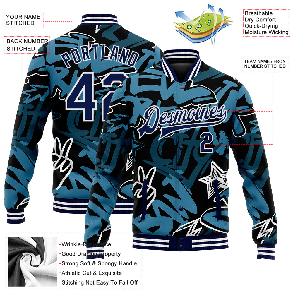 Custom Graffiti Pattern Navy-White Grunge Urban Street Art 3D Bomber ...