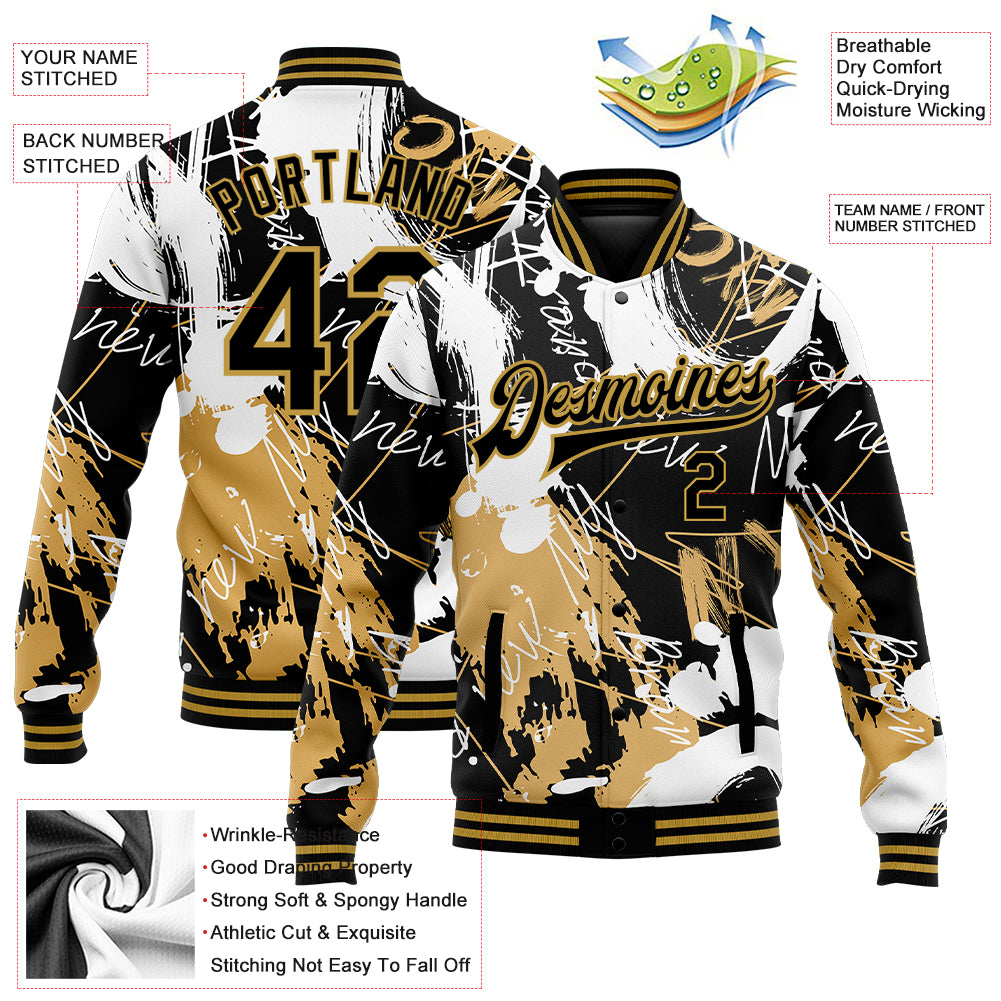 Custom Graffiti Pattern Black-Old Gold Grunge Art 3D Bomber Full-Snap ...