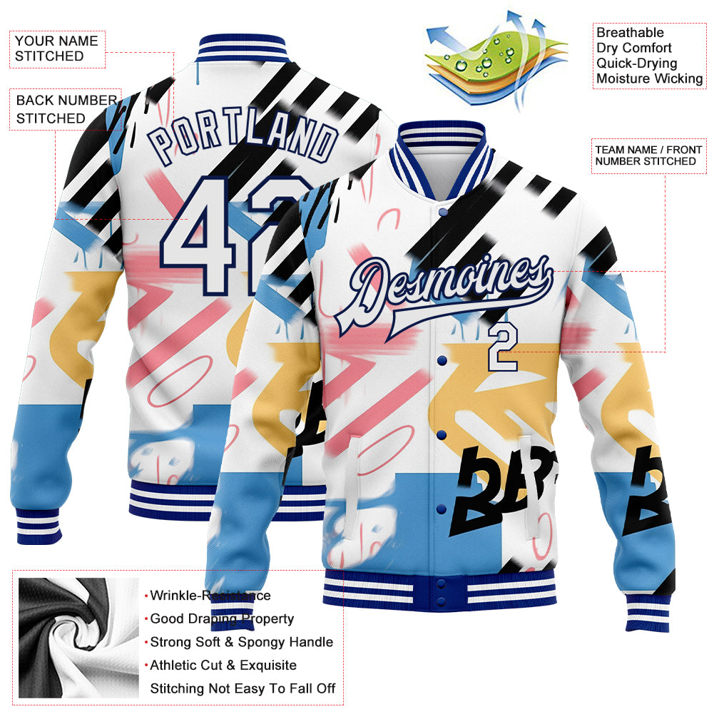 Custom Graffiti Pattern White-Royal Grunge Art 3D Bomber Full-Snap ...