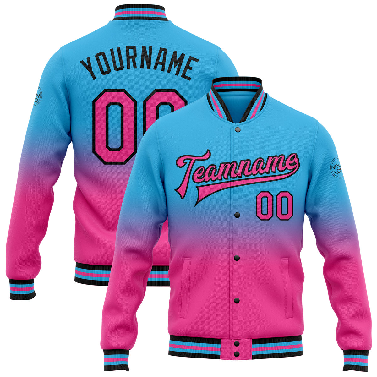 Custom Sky Blue Pink-Black Bomber Full-Snap Varsity Letterman Fade ...