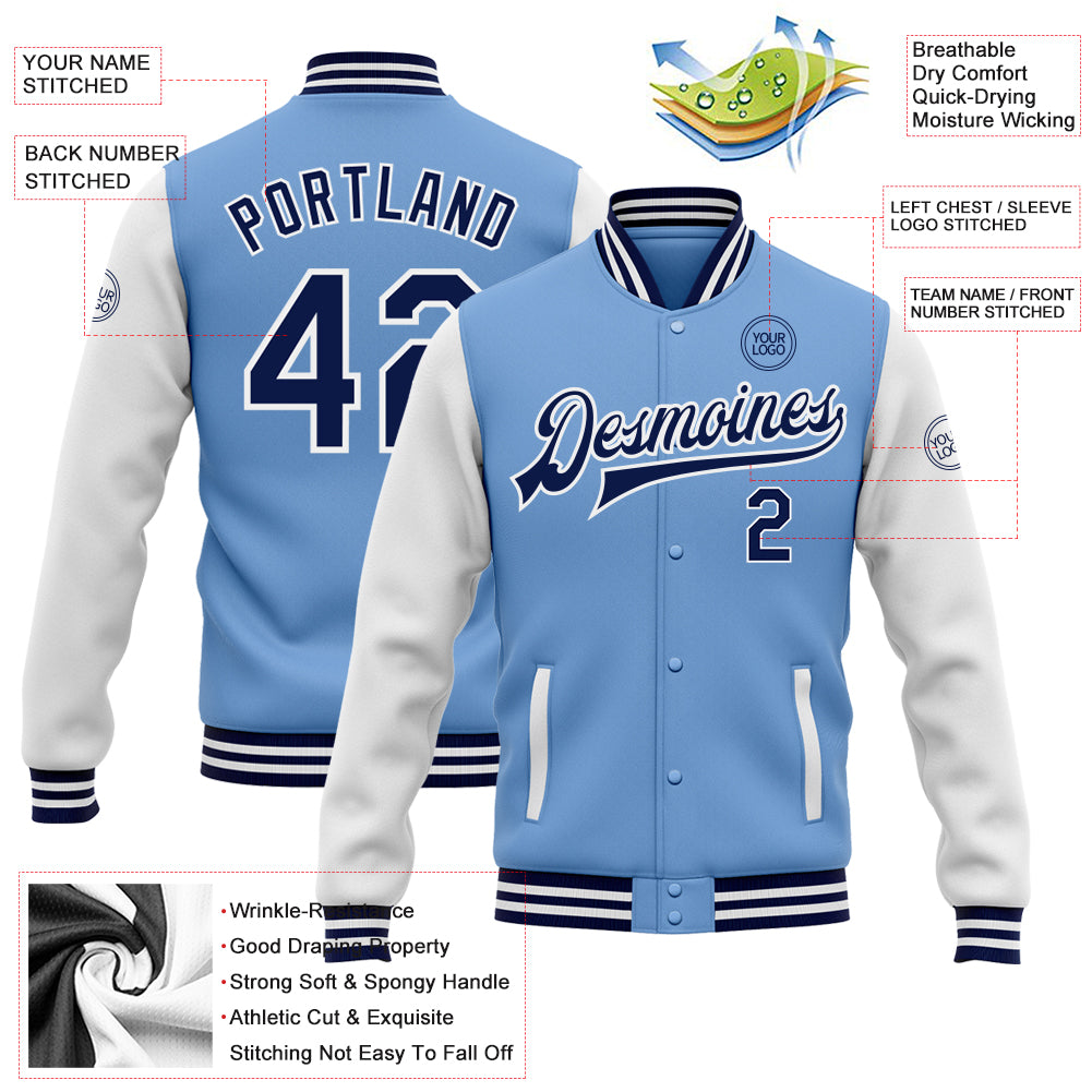 Custom Light Blue Navy-White Bomber Full-Snap Varsity Letterman Two ...