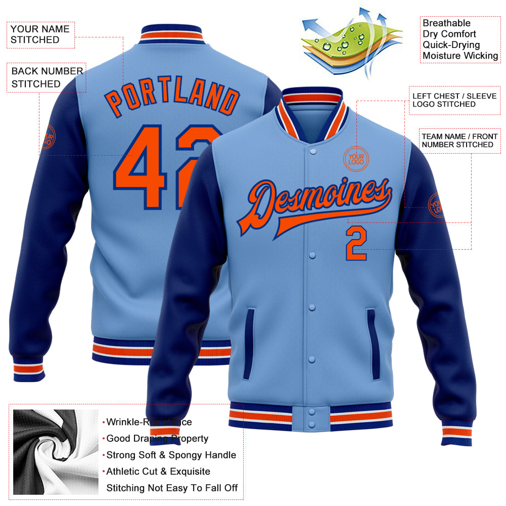 Custom Light Blue Orange-Royal Bomber Full-Snap Varsity Letterman Two ...