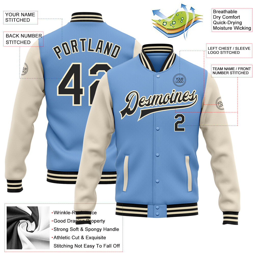Custom Light Blue Black-Cream Bomber Full-Snap Varsity Letterman Two ...