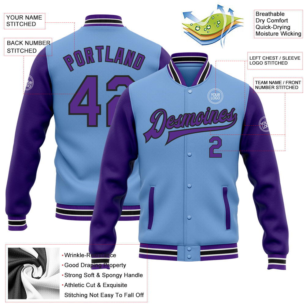 Custom Light Blue Purple-Black Bomber Full-Snap Varsity Letterman Two ...