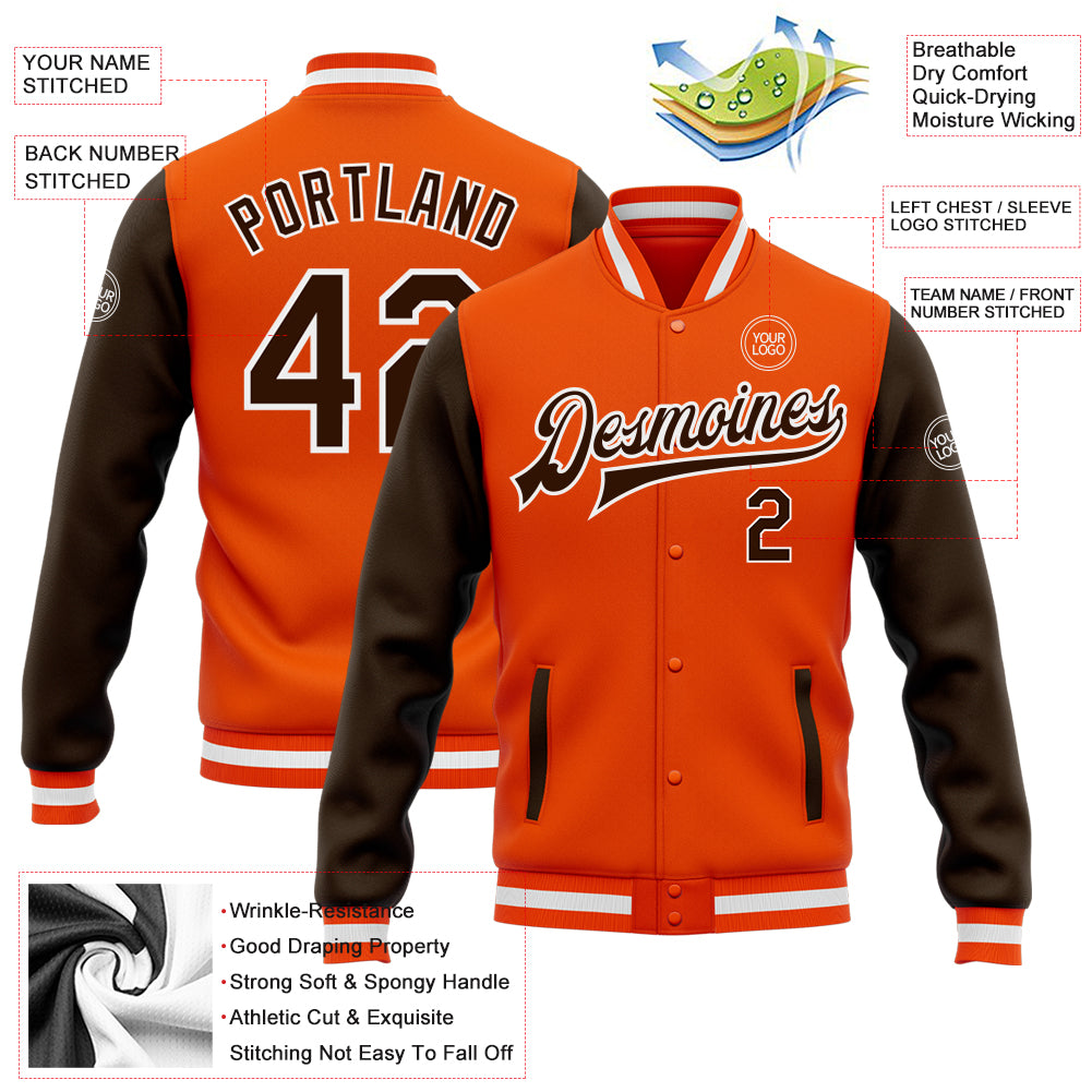 Custom Orange Brown-White Bomber Full-Snap Varsity Letterman Two Tone ...