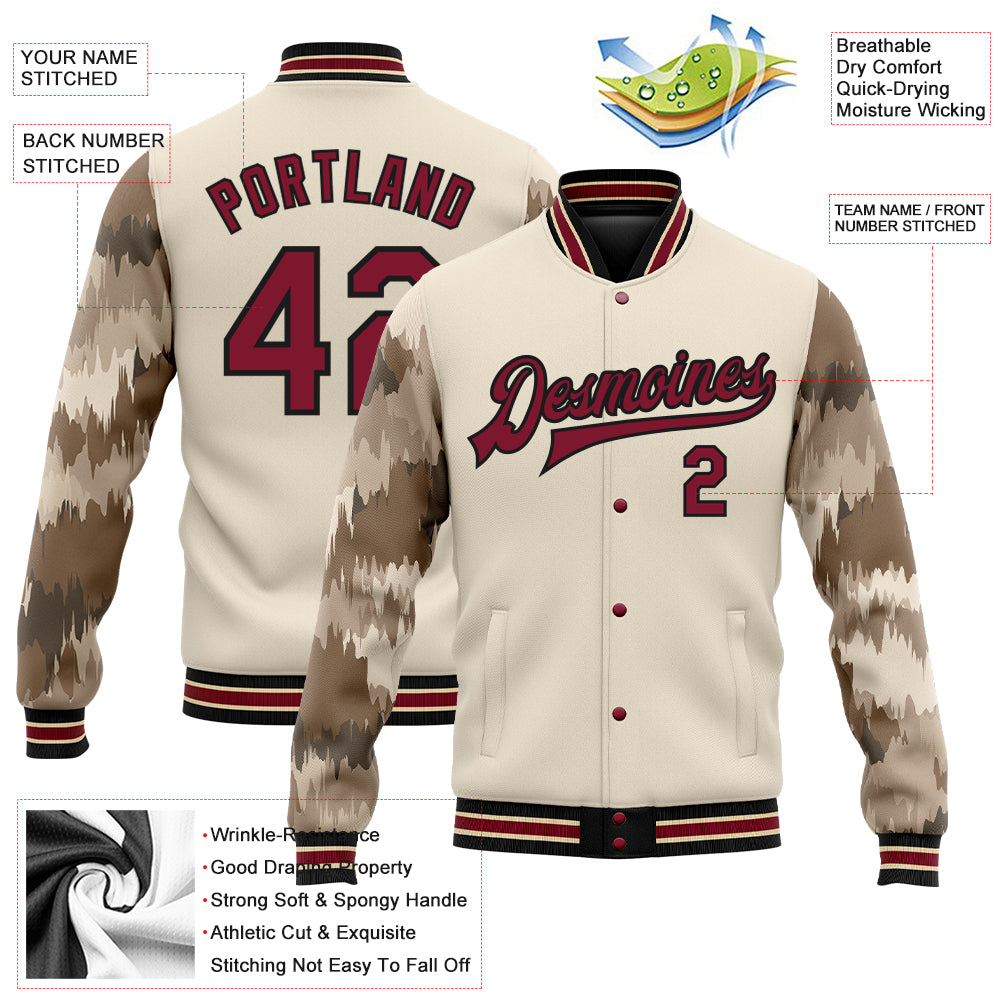 Custom City Cream Crimson-Black Camo Sleeves 3D Pattern Design Bomber ...