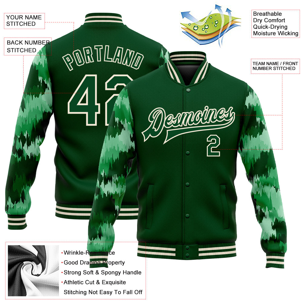 Custom Green Cream Camo Sleeves 3D Pattern Design Bomber Full-Snap ...