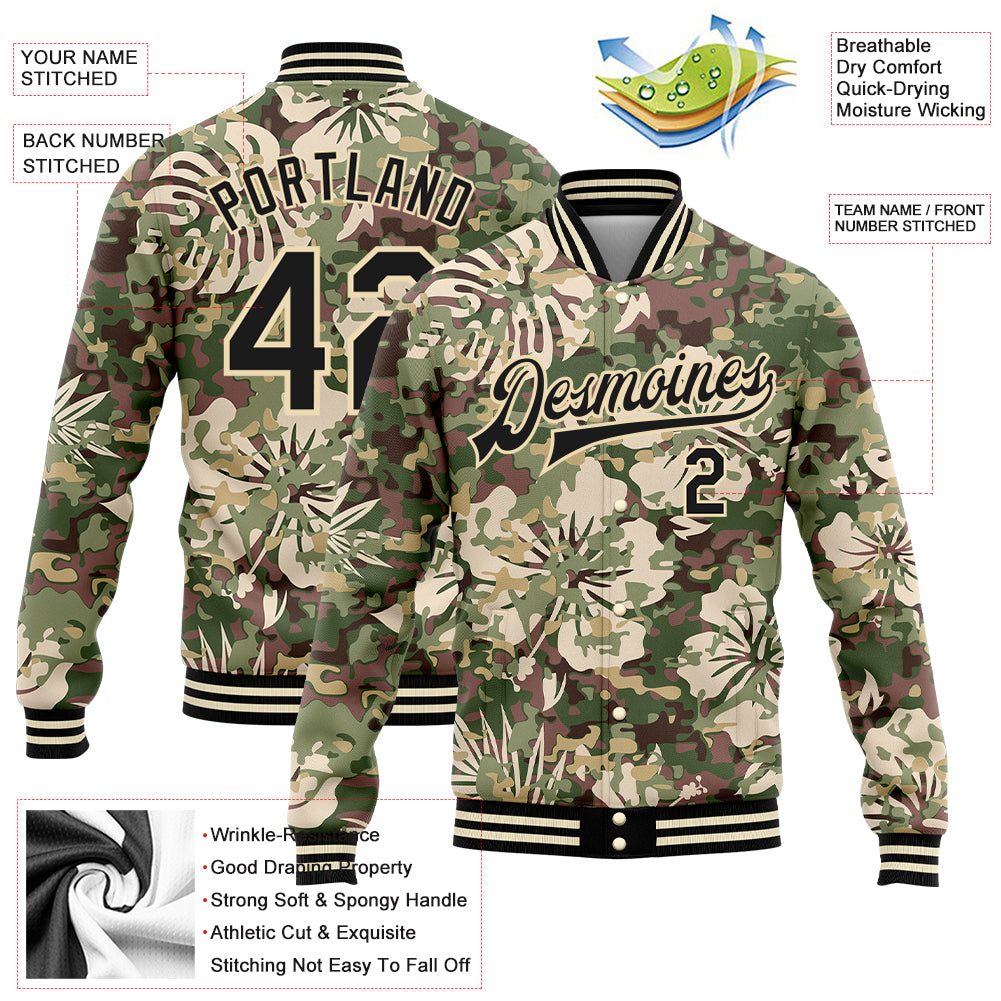 Custom Camo Black-Cream Hawaii Palm Leaves 3D Pattern Design Bomber ...