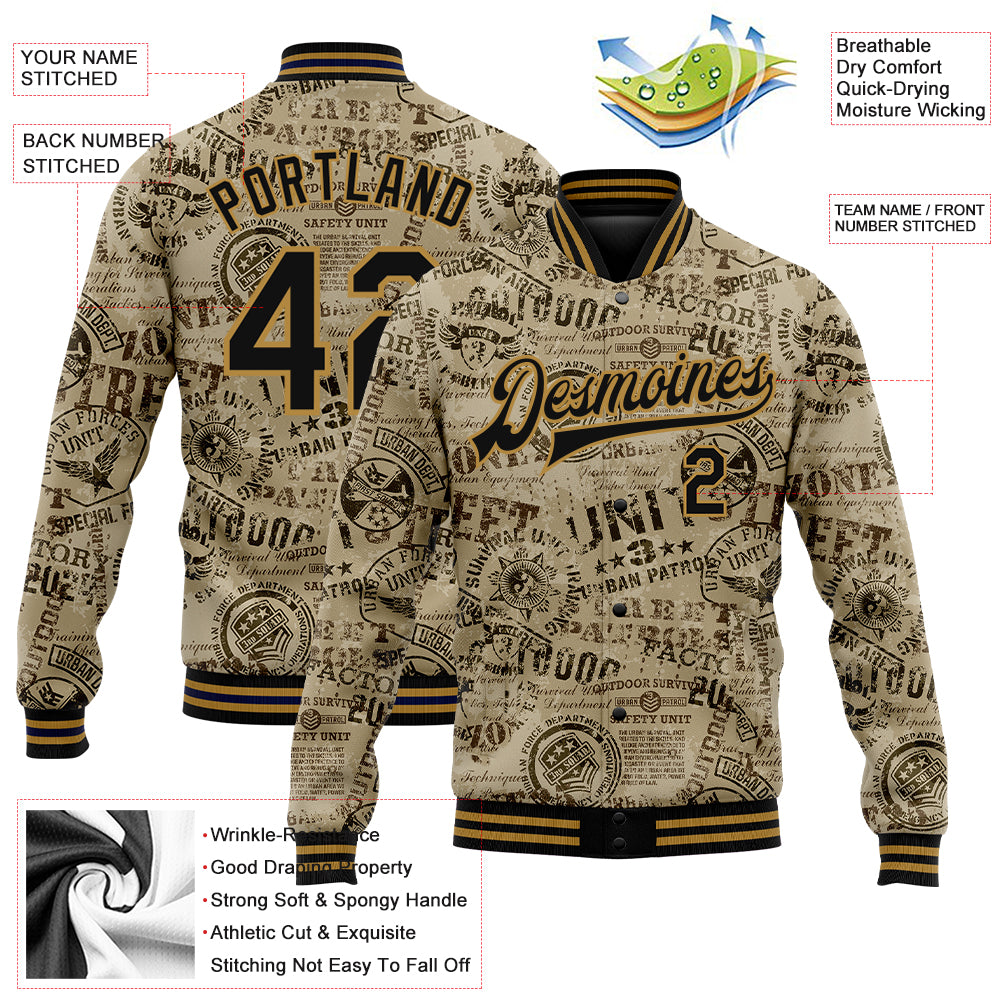 Custom Olive Black-Old Gold Military Badge 3D Pattern Design Bomber ...