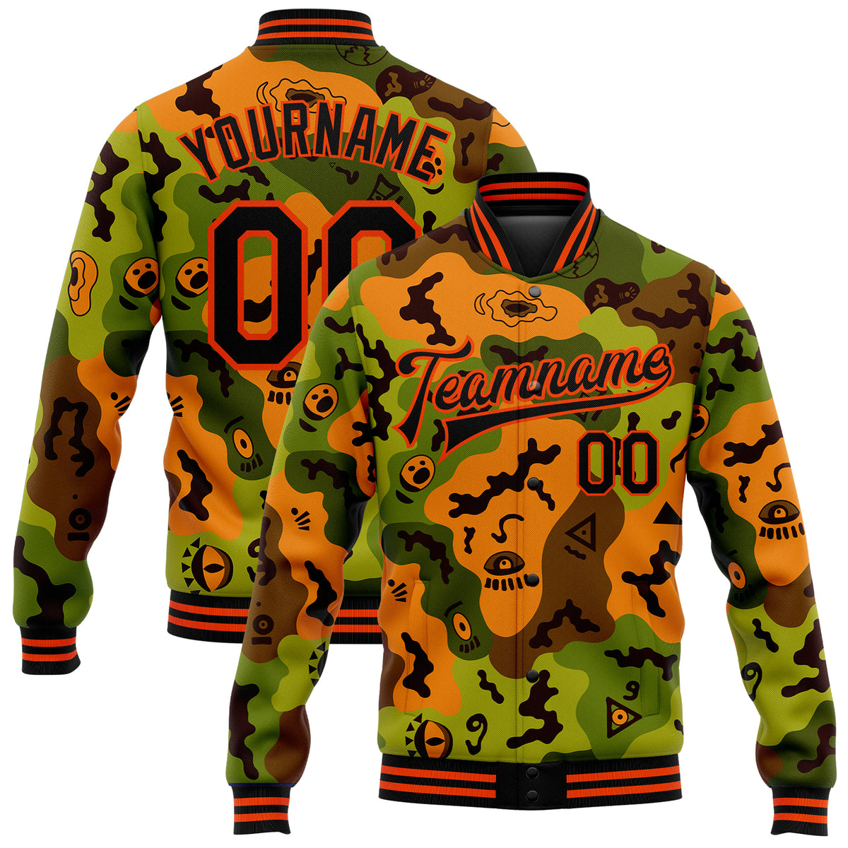 Custom Camo Black-Orange Funny Faces 3D Pattern Design Bomber Full-Snap ...