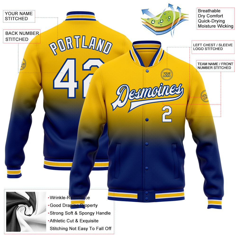 Custom Yellow White-Royal Bomber Full-Snap Varsity Letterman Fade ...