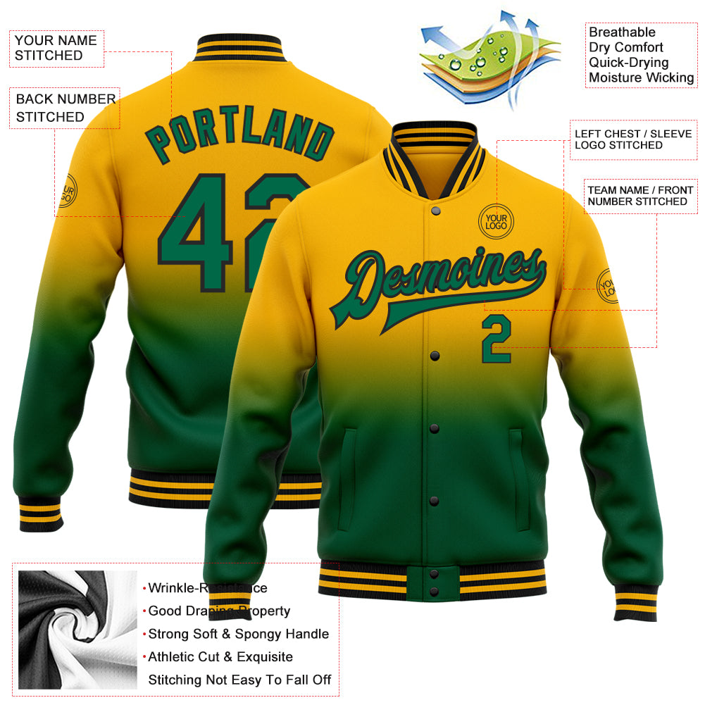 Custom Gold Kelly Green-Black Bomber Full-Snap Varsity Letterman Fade ...