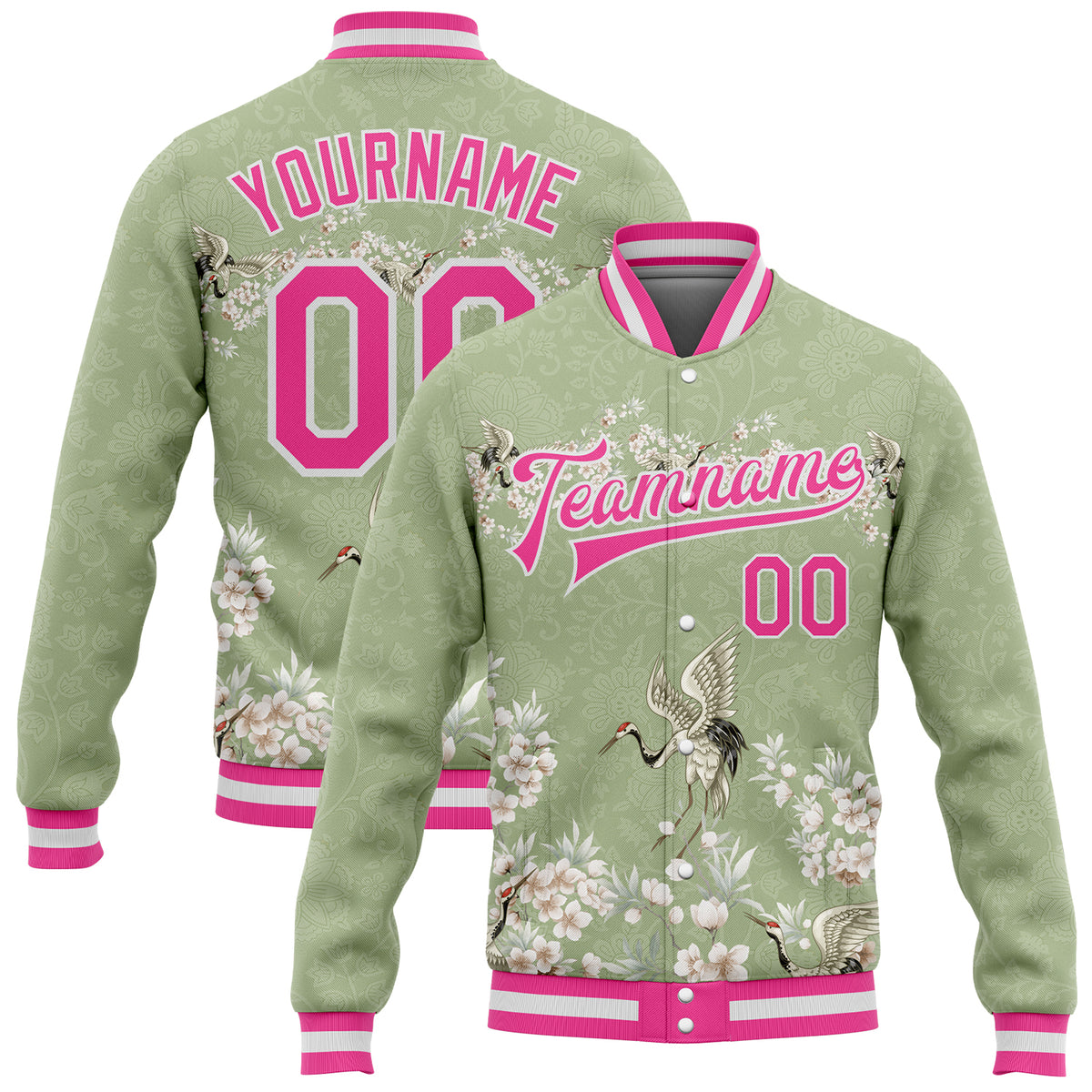 Custom Green Pink-White Flower And Crane 3D Pattern Design Bomber Full ...